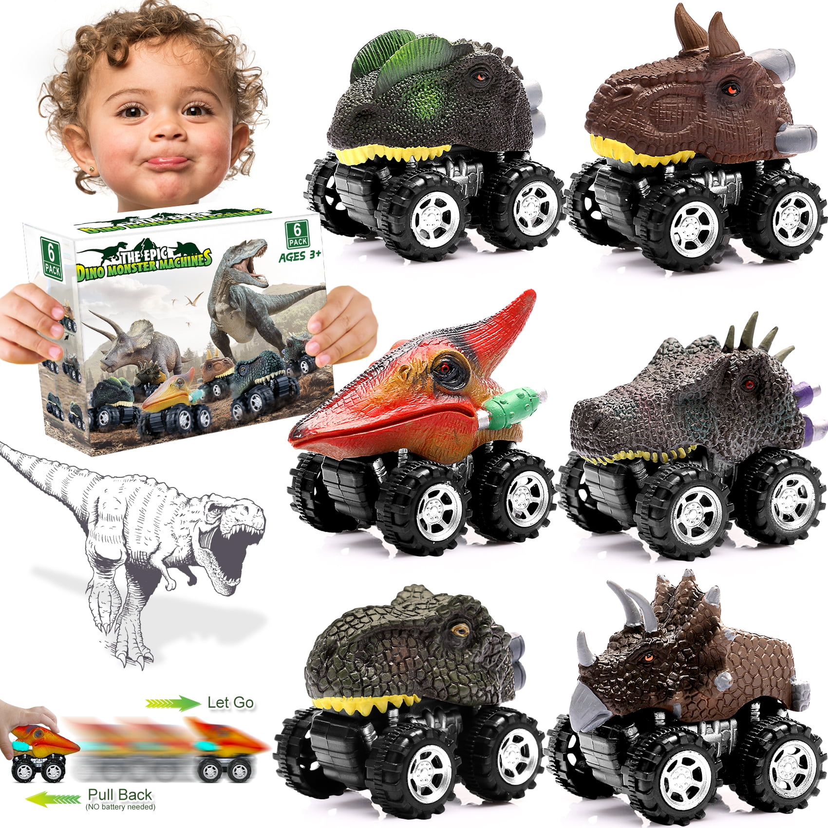 Dinosaur Toy Pull Back Cars, 6 Pack Dinosaur Toys for 1 2 3 4 5 Year Old Boys and Toddlers, Kid ...