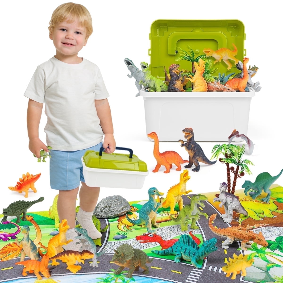Norkbeng Dinosaur Toys, 34PCS Set with Playmat Storage Box, Educational ...