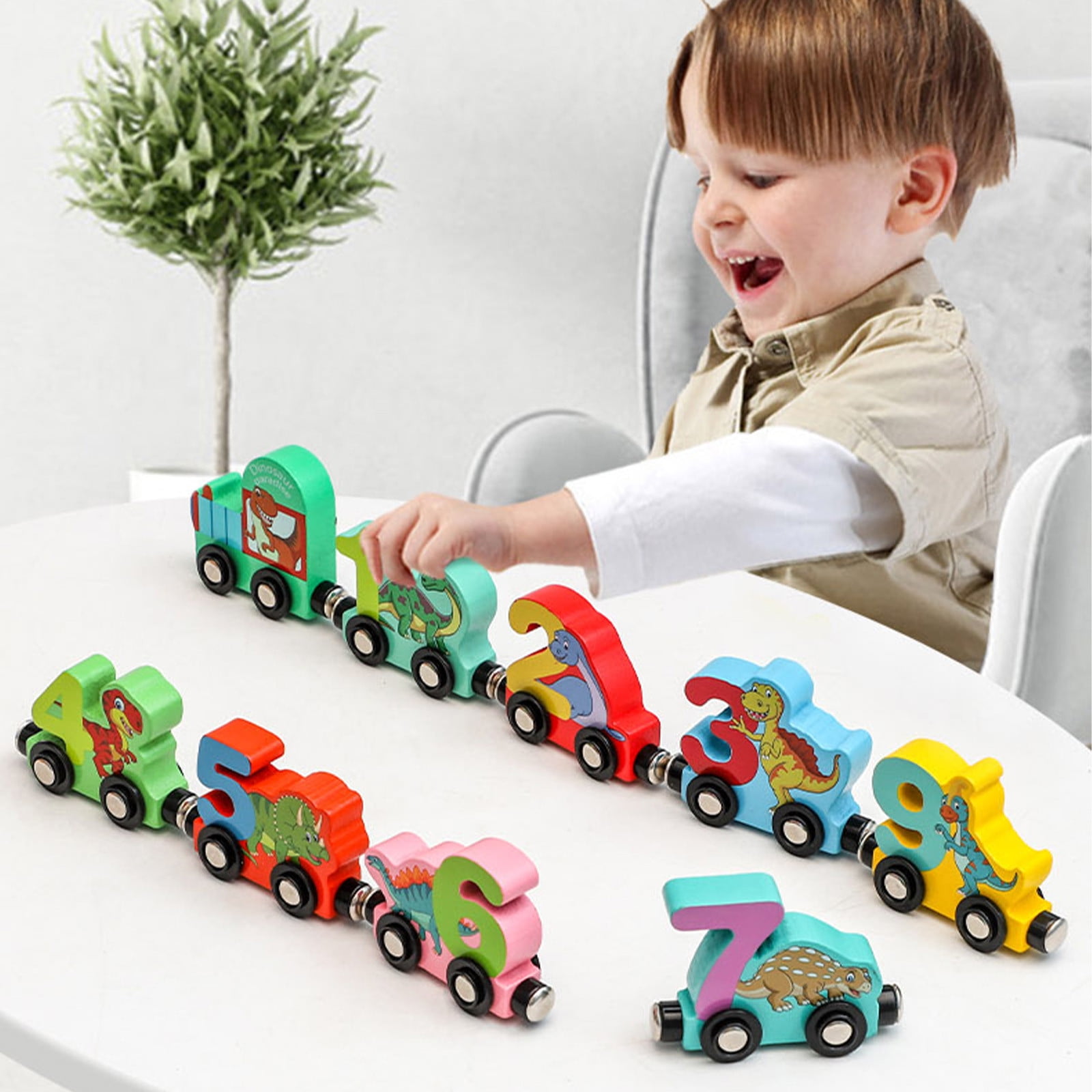 Dinosaur Toys for Kids 2-4, Wooden Magnetic Train Set, 11pcs Number ...