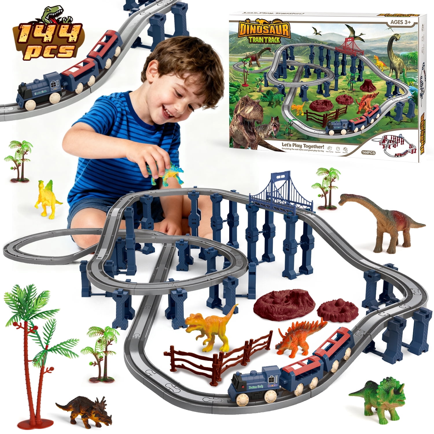 Hot Bee Dinosaur Train Track Playset, 144PCS Railway Set with 6 ...