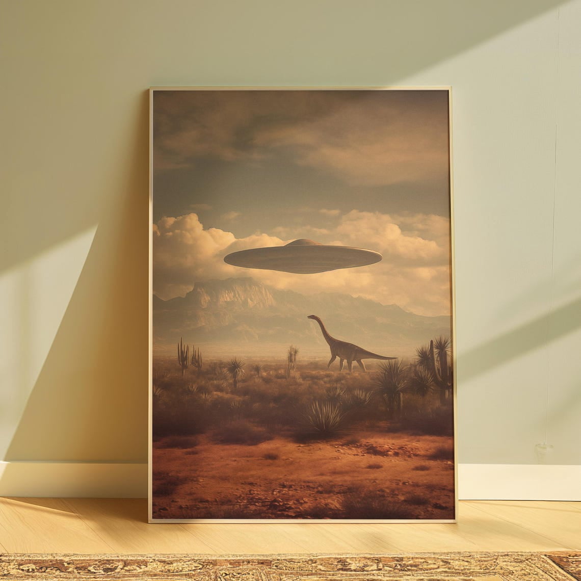 Dinosaur UFO Desert Surreal Wall Art, Stretched Canvas Size 12x18 ...