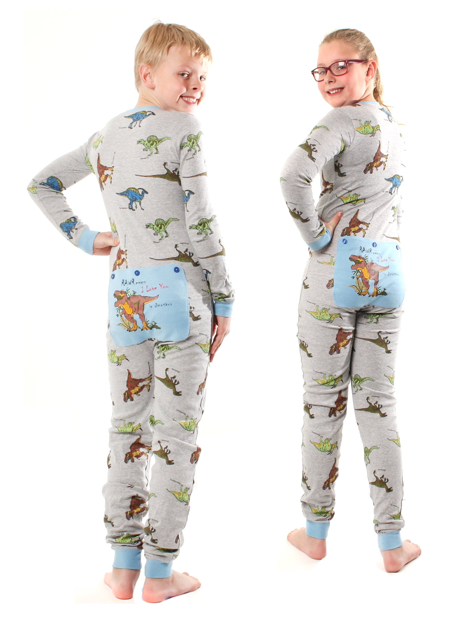 Dinosaur Union Suit Boys & Girls one piece Pajamas T-Rex on Rear Flap ...