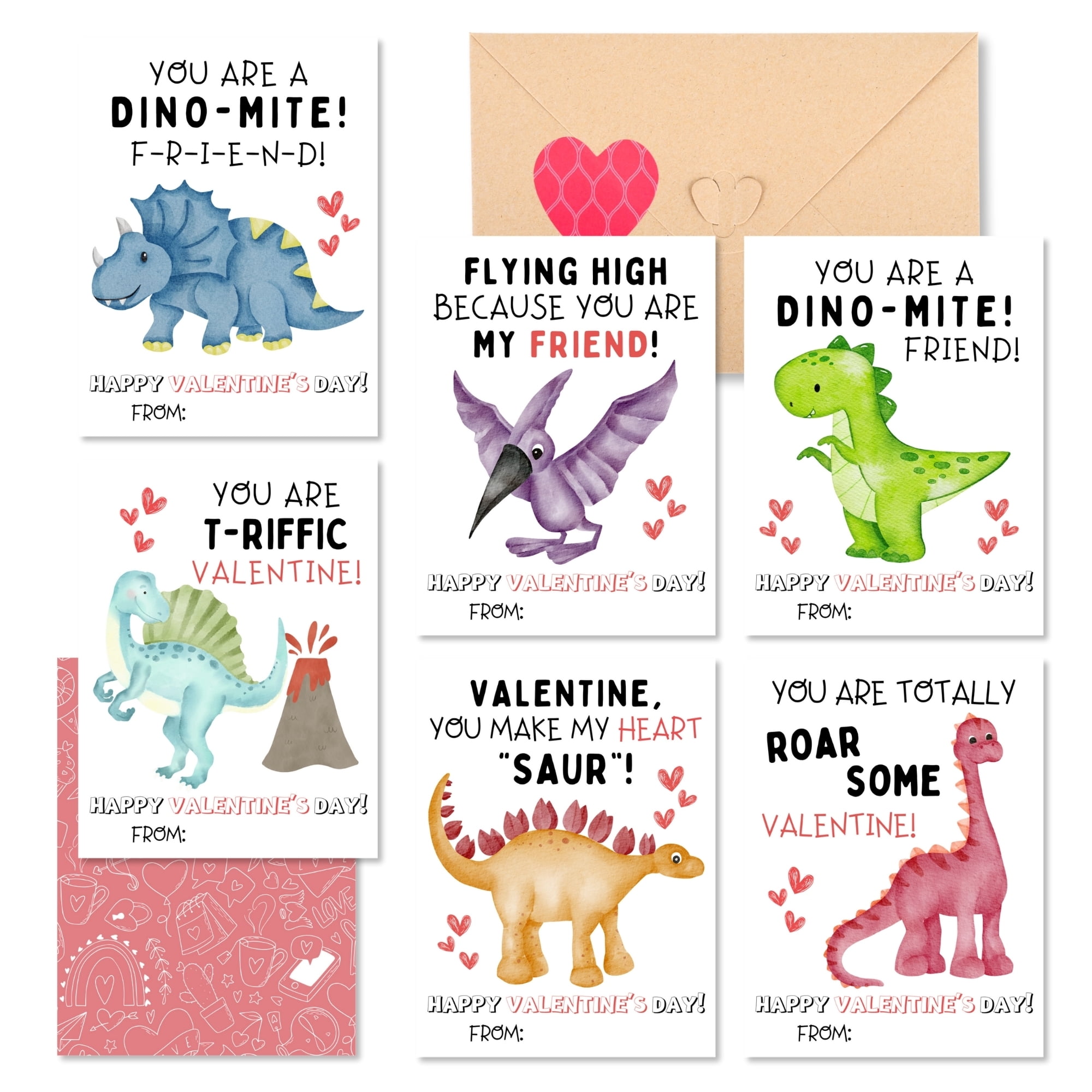 Dinosaur Valentines Day Cards for Kids - 48 Pack Dino Valentines Day ...