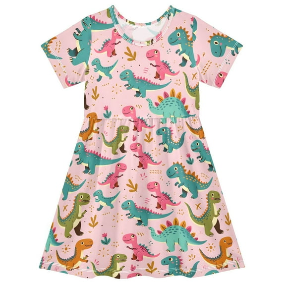 Dinosaur Vector on Pink Background Short Sleeve Dress A-Line Cute Midi ...