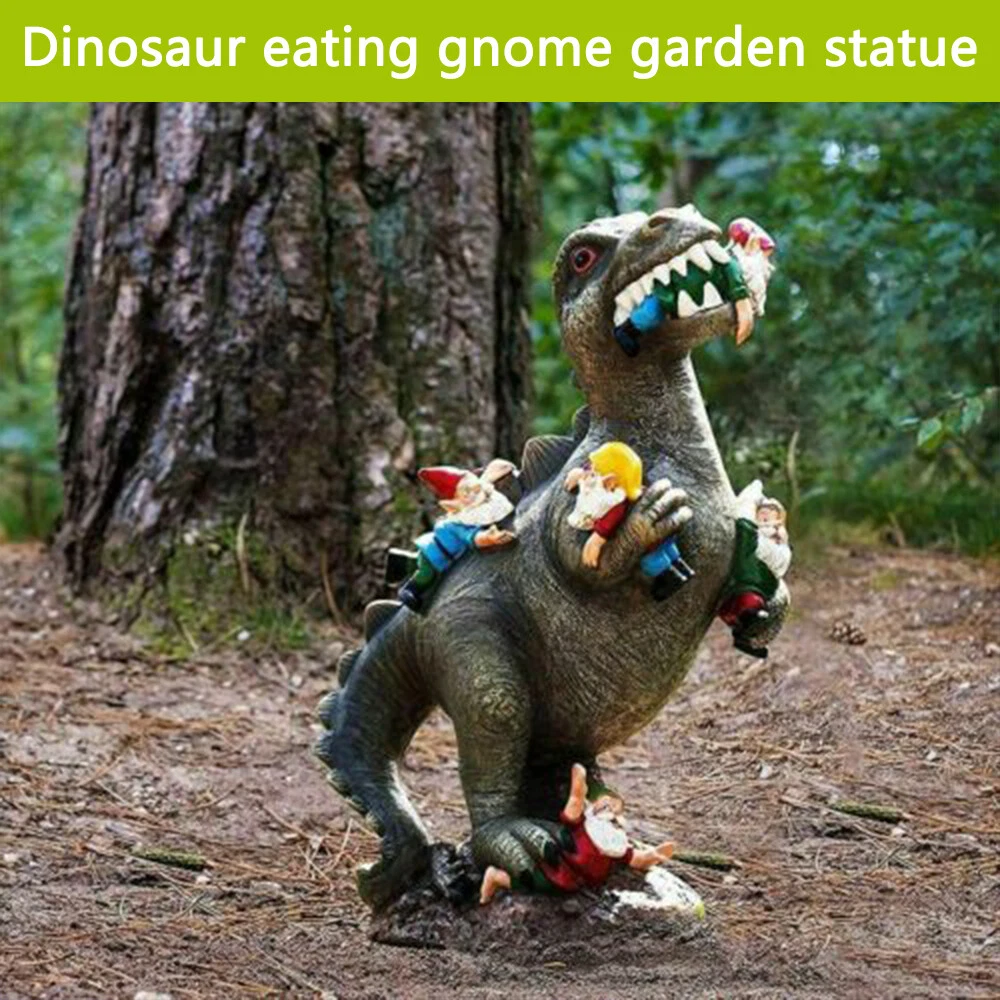 Dinosaur Vs Gnome Garden Statue (Eating Design) - Patio & Yard Fun ...