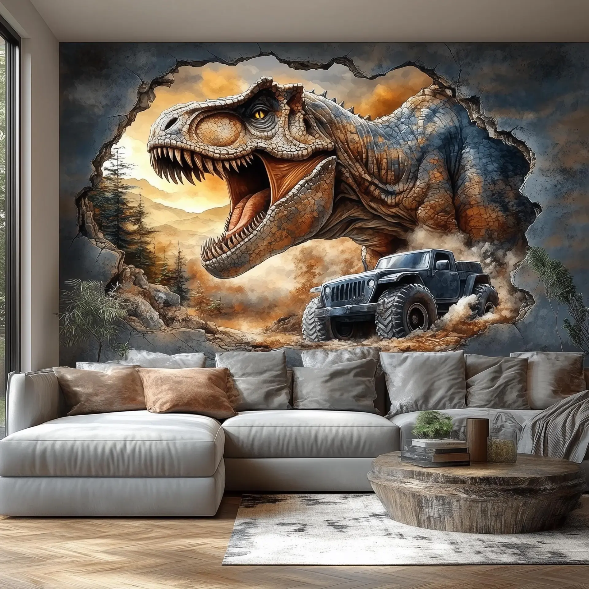 Dinosaur Wall Decal | 3D T-Rex Breakthrough Monster Truck Mural ...