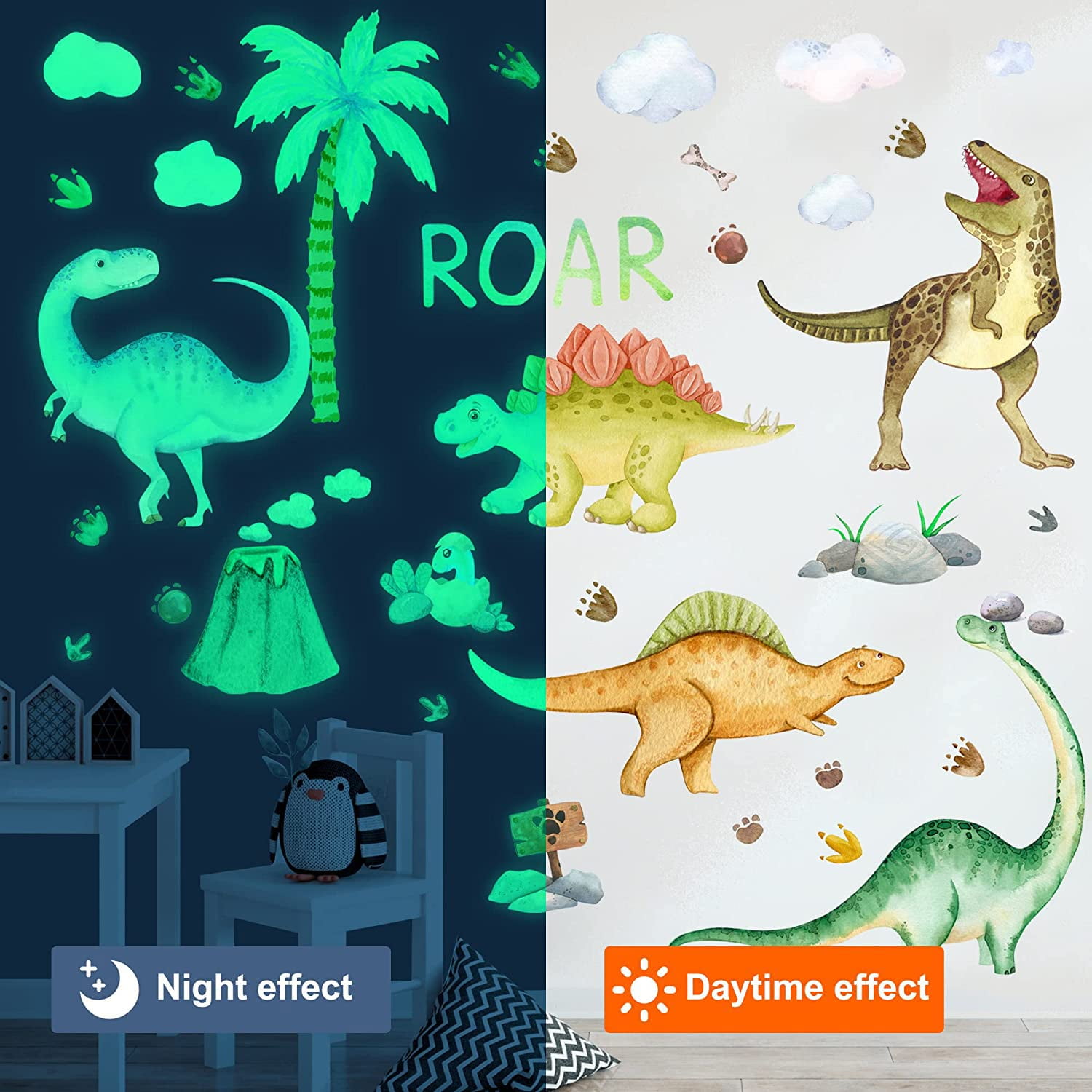 Dinosaur Wall Decals Glow in The Dark Dinosaur Wall Stickers Watercolor ...