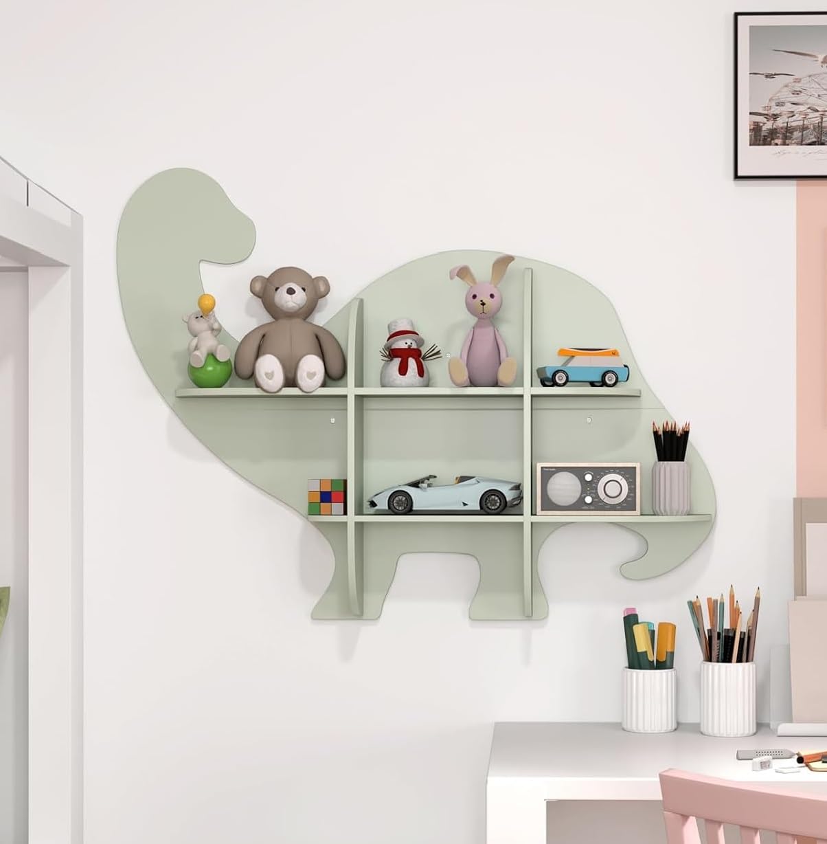 Dinosaur Wall Mounted Bookshelf, 2 Tier Wooden Nursery Shelves for Toy ...