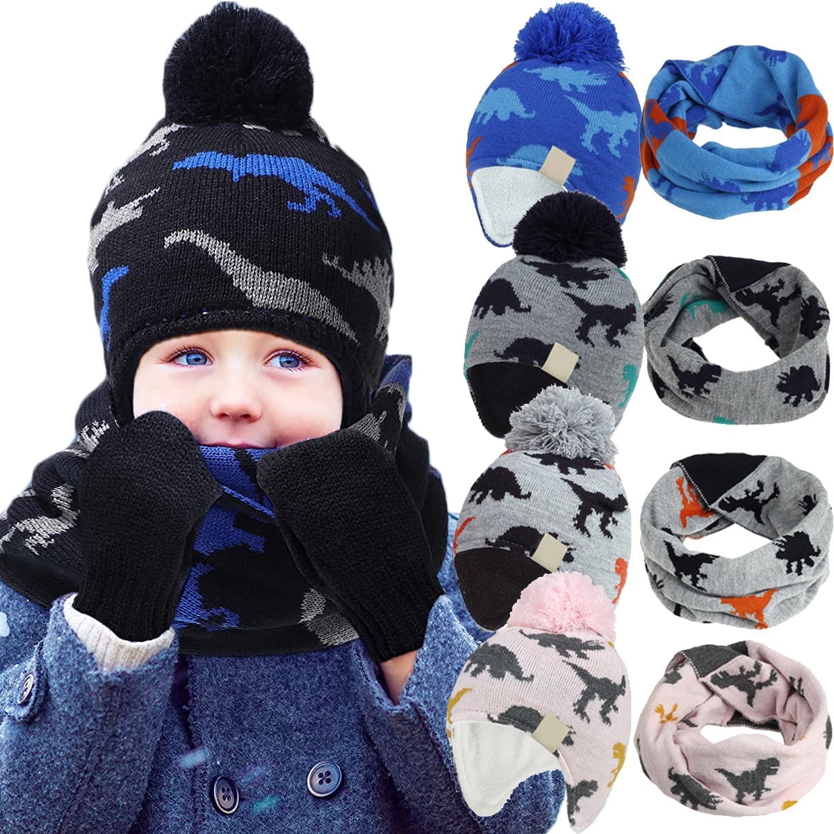Dalrosia Dinosaur Winter Baby Beanie Hat Set Fleece Lined Kids Boys Hat ...
