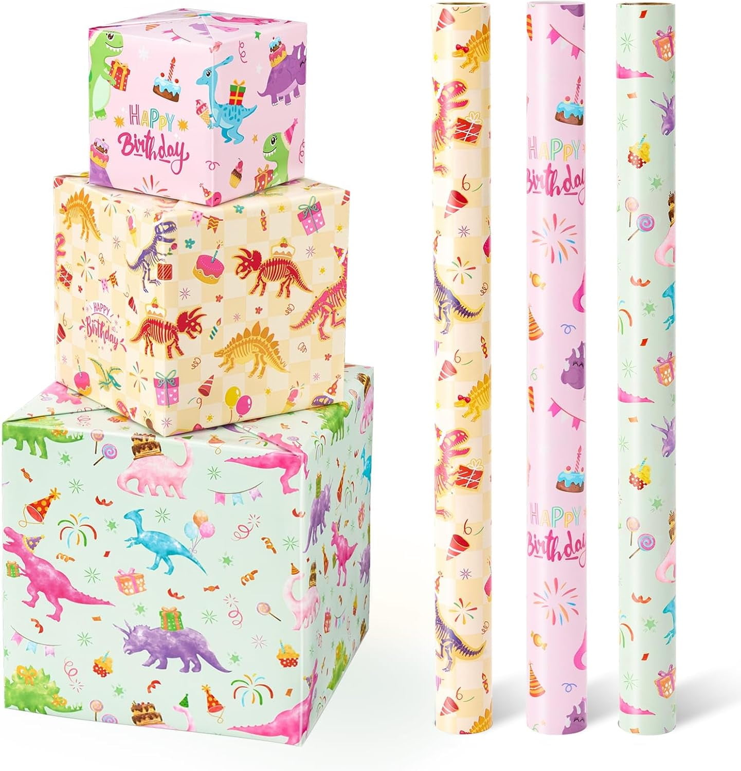 Dinosaur Wrapping Paper Rolls - 3 Rolls 17” x 120” Happy Birthday ...