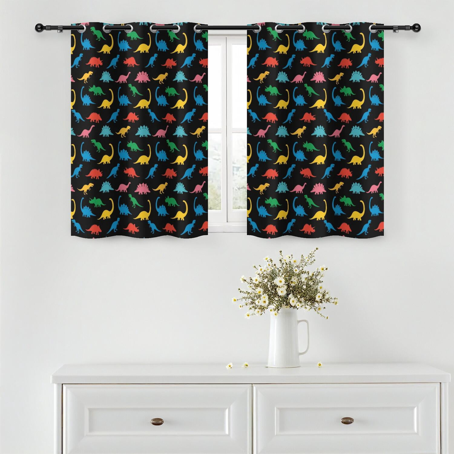 Dinosaur and Silhouette Black Pattern Blackout Curtains,Triple Weaved ...