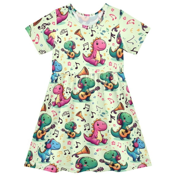 Dinosaur for Music Short Sleeve Dress A-Line Cute Midi Casual Sundress ...