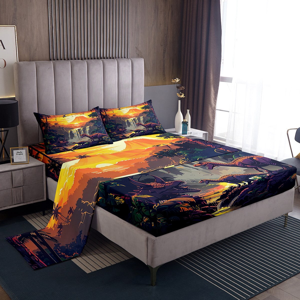 Dinosaurs Bed Sheets Set 3D Dinosaur Twin Sheet Set,Sunset Jungle ...