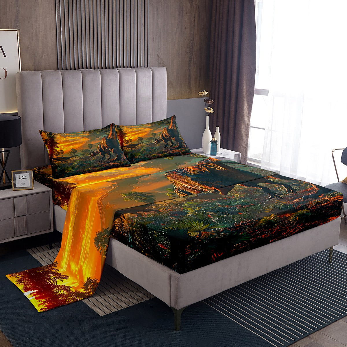 Dinosaurs Bed Sheets Set 3D Realistic Dinosaur King Sheet Set,Sunset Jungle Sheets Prehistoric ...