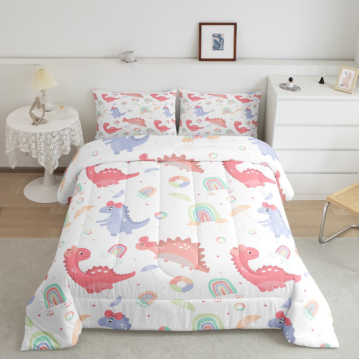Dinosaurs Bedding Set Kawaii Decor,Umbrella Rainbow Comforter Set for ...