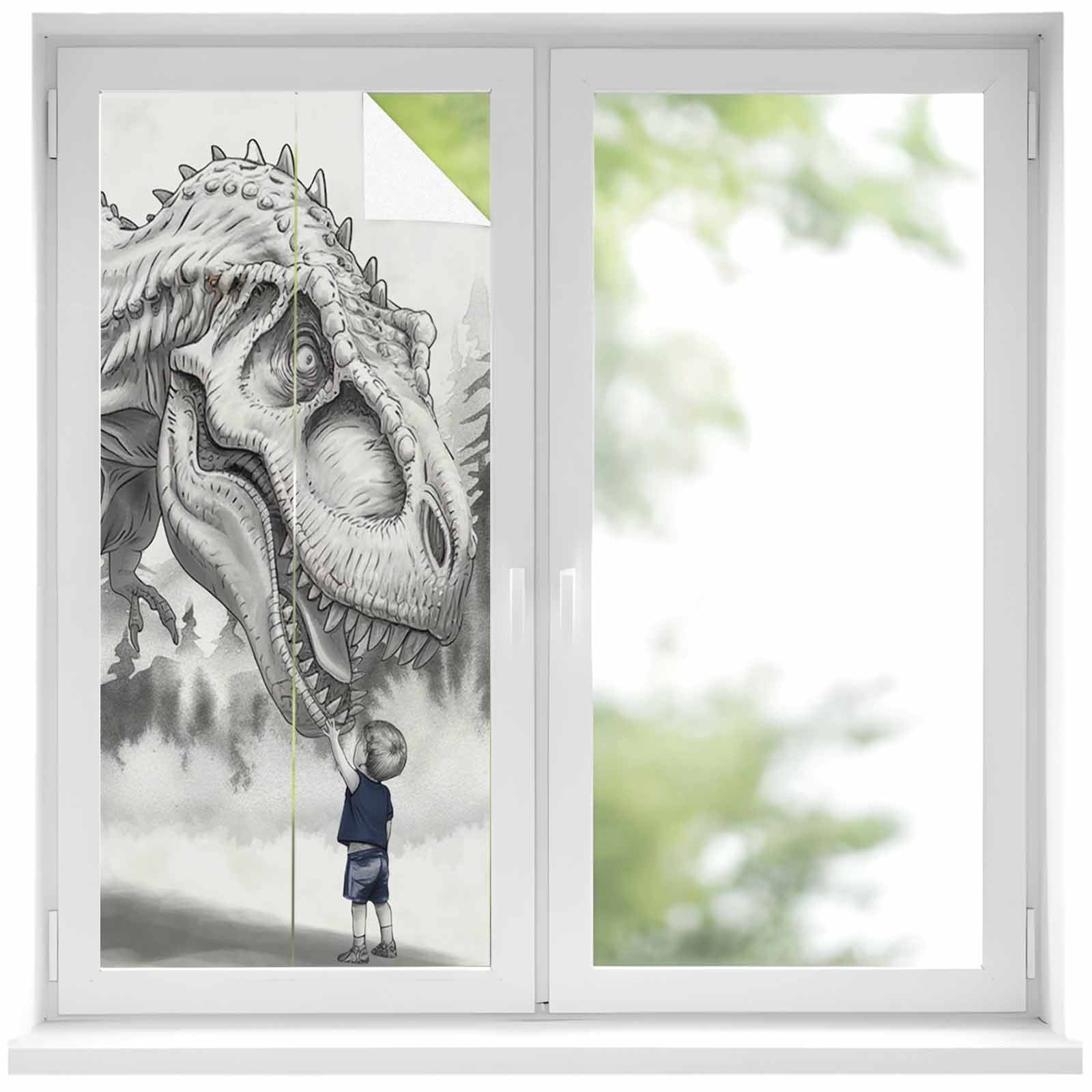 Dinosaurs Boy Window Privacy Film, Gray Funny Cartoon Forest Animals ...