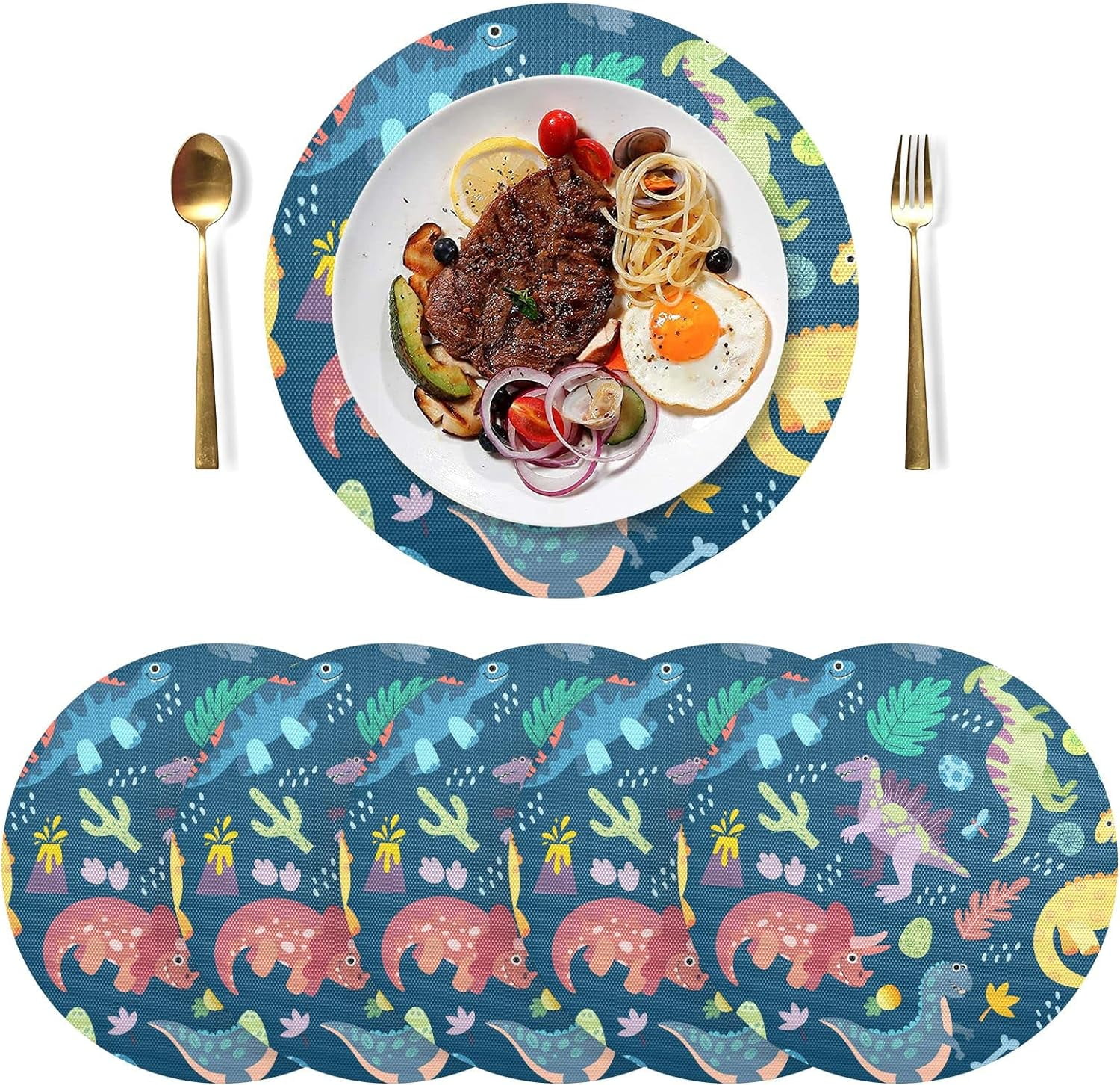 Dinosaurs Cartoons Dino Round Place Mats Set of 6, Heat Stain ...