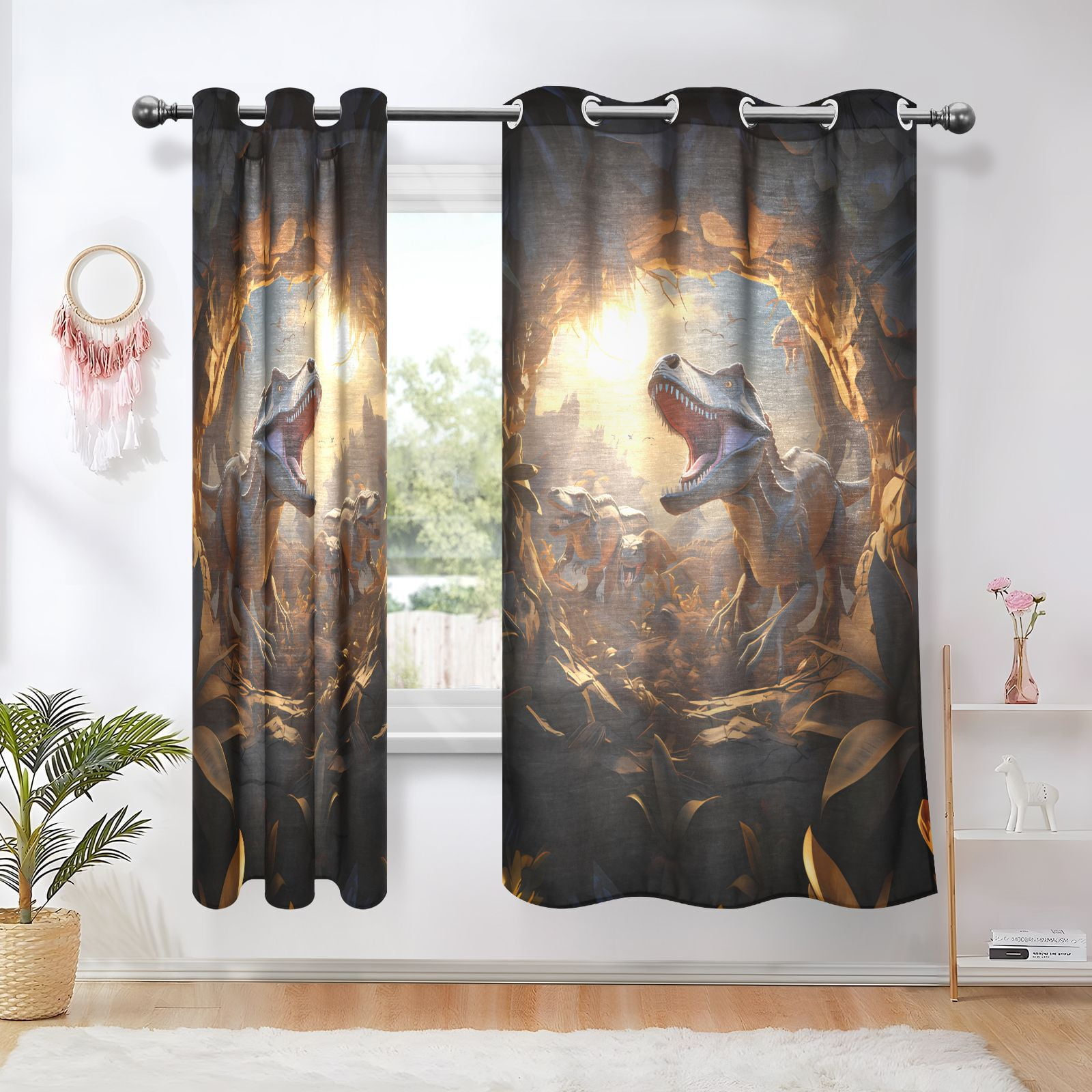 Dinosaurs Cave Leaves Blackout Curtains Thermal Insulation 63 inch ...