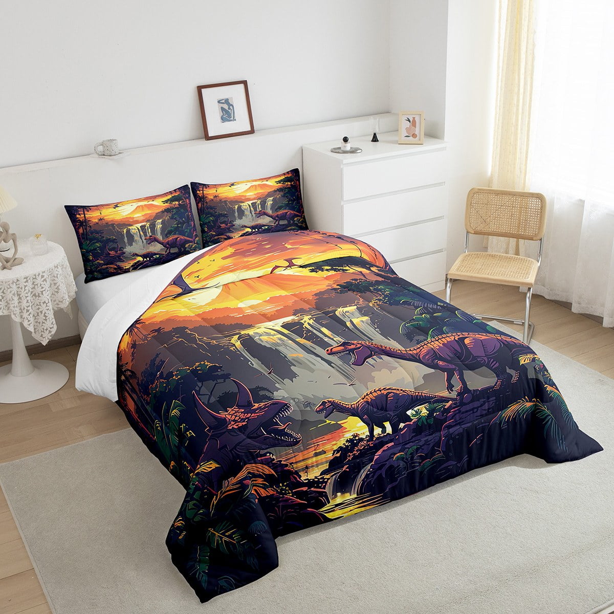Dinosaurs Comforter Set 3D Dinosaur Queen Bedding Sets for Boys,Sunset ...