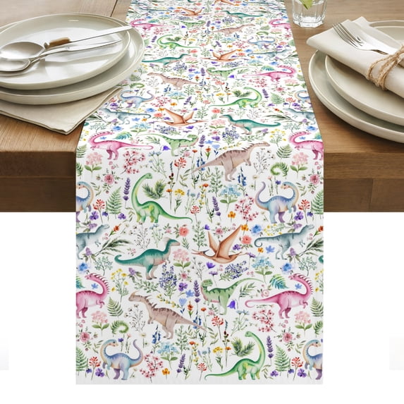 Dinosaurs Cotton Linen Table Runner Watercolor Abstract Colorful ...