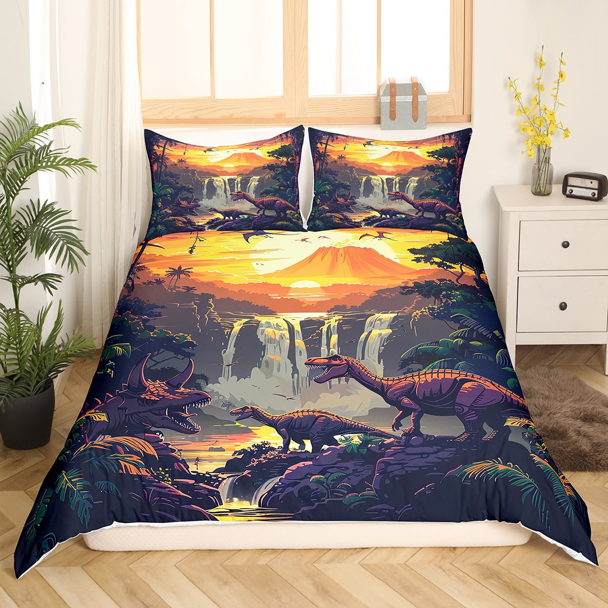 Dinosaurs Duvet Cover 3D Dinosaur Full Bedding Sets for Boys,Sunset ...