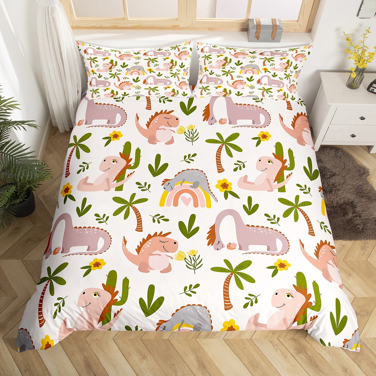 Dinosaurs Duvet Cover,Rainbow Kawaii Decor Floral Botanical Comforter ...
