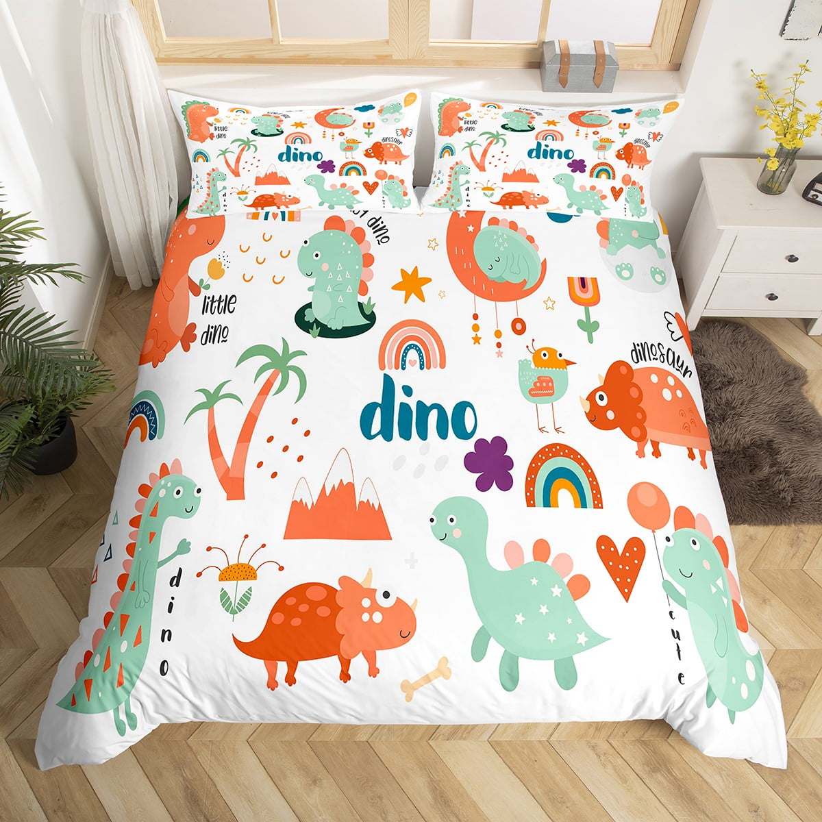 Dinosaurs Duvet Cover ,Triceratops Kawaii Decor Rainbow Comforter Cover ...