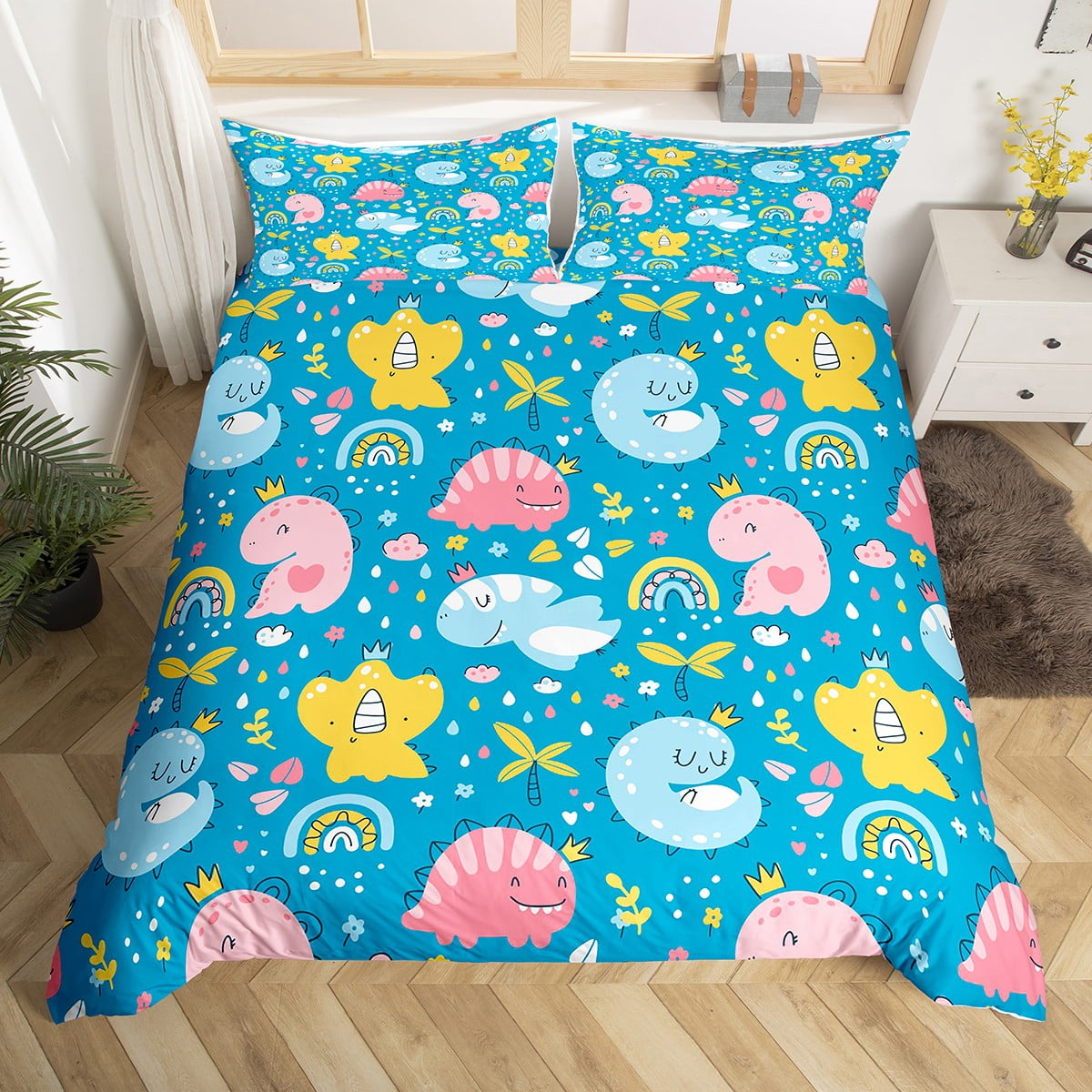 Dinosaurs Duvet Cover Queen Bedroom Decor,Palm Trees Plants Cartoon ...