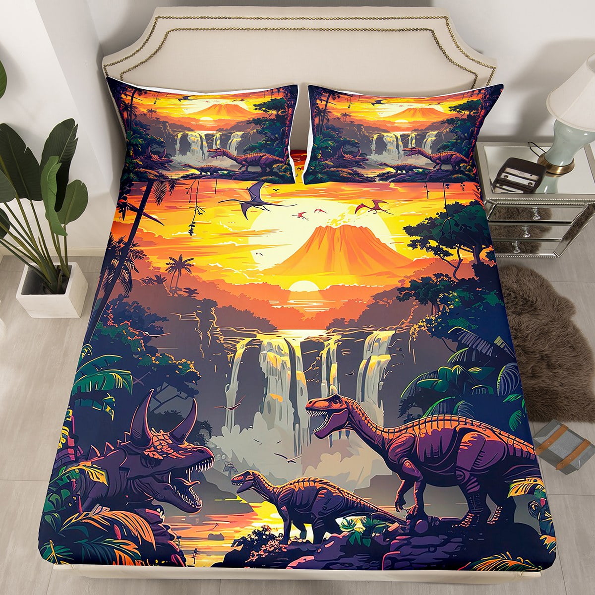 Dinosaurs Fitted Sheet 3D Dinosaur Queen Bed Sheets,Sunset Jungle ...