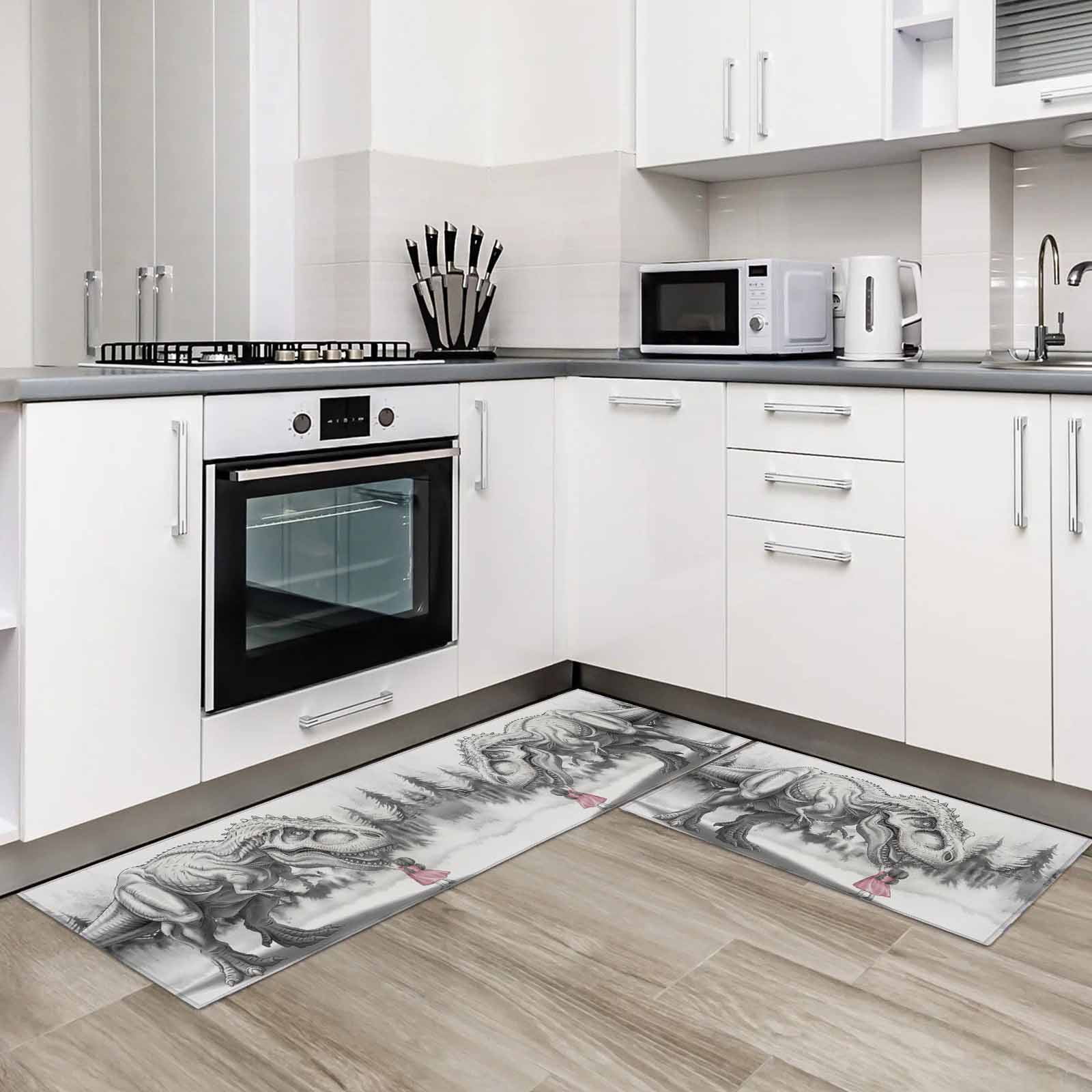 Dinosaurs Girl 2 Pieces Non-Slip Kitchen Mat Set Gray Funny Cartoon ...
