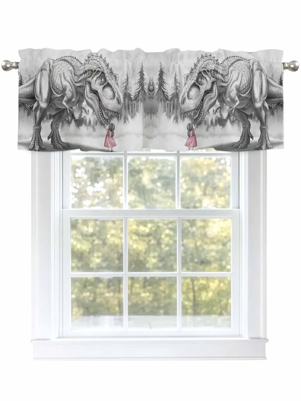 Dinosaurs Girl Curtain Valances for Windows, Gray Funny Cartoon Animals ...