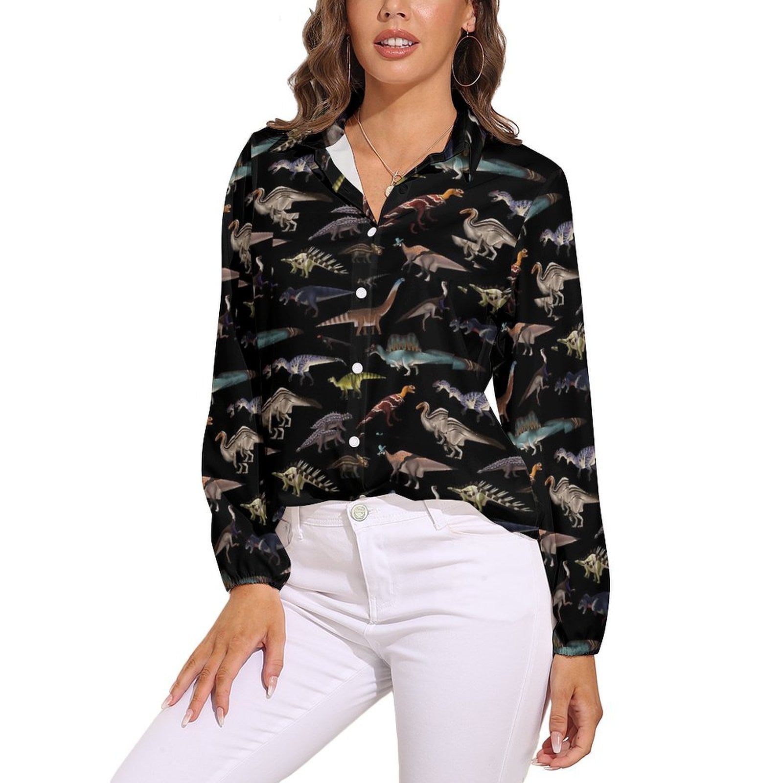 Dinosaurs Graphic Vntage Casual Long Sleeve Shirt Blouse Woman Streetwear Summer Sun Beach ...