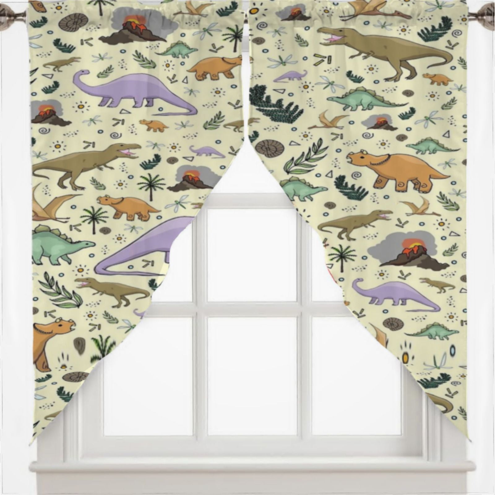 Dinosaurs In Yellow Swag Valances For Windows 2 Pack For Kitchen Living ...