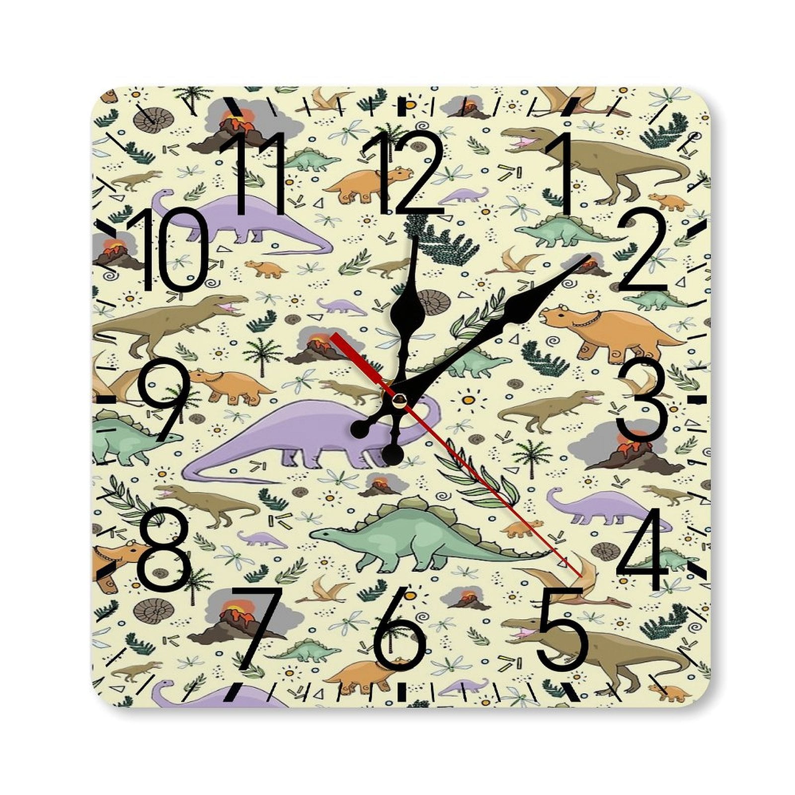 Dinosaurs In Yellow Wall Clock Silent Non-Ticking For Home Office Decor ...