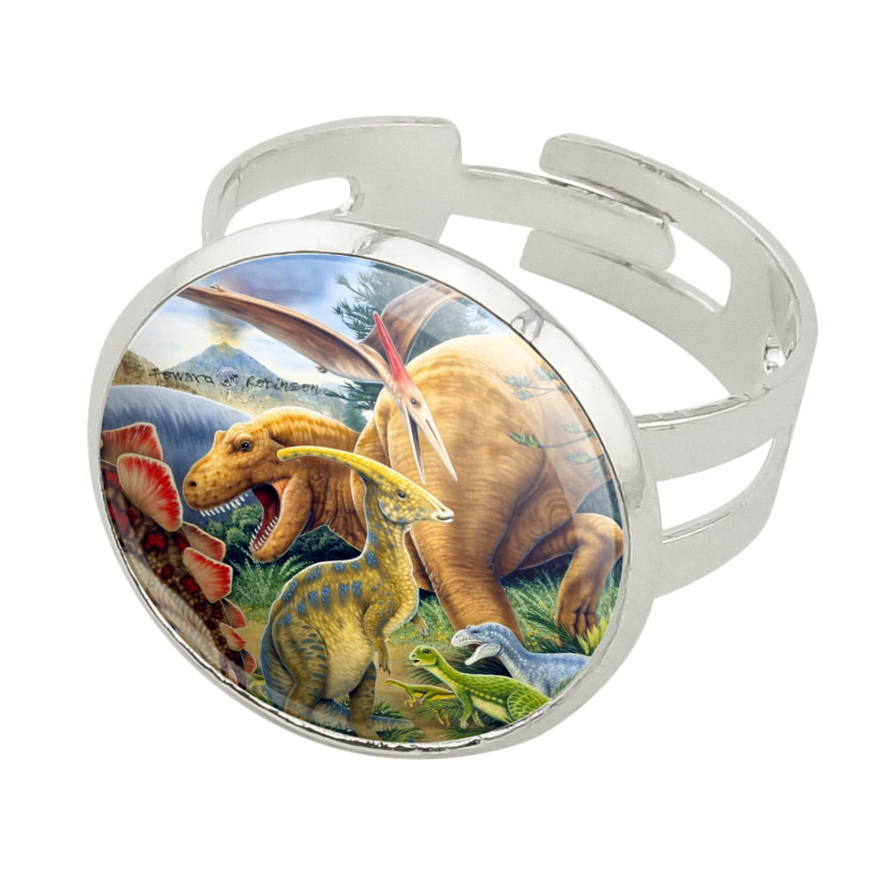 Dinosaurs Jurassic Collage T-Rex Stegasaurus Silver Plated Adjustable ...
