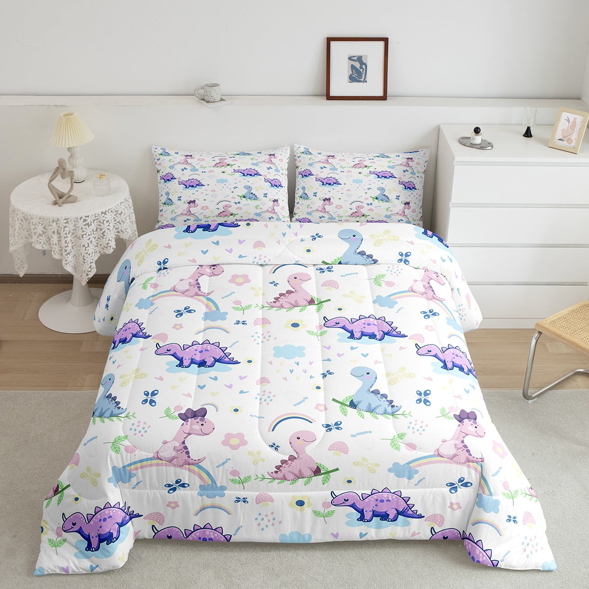 Dinosaurs Kawaii Bedding Set for Girls Boys,Cartoon Rainbow Comforter ...