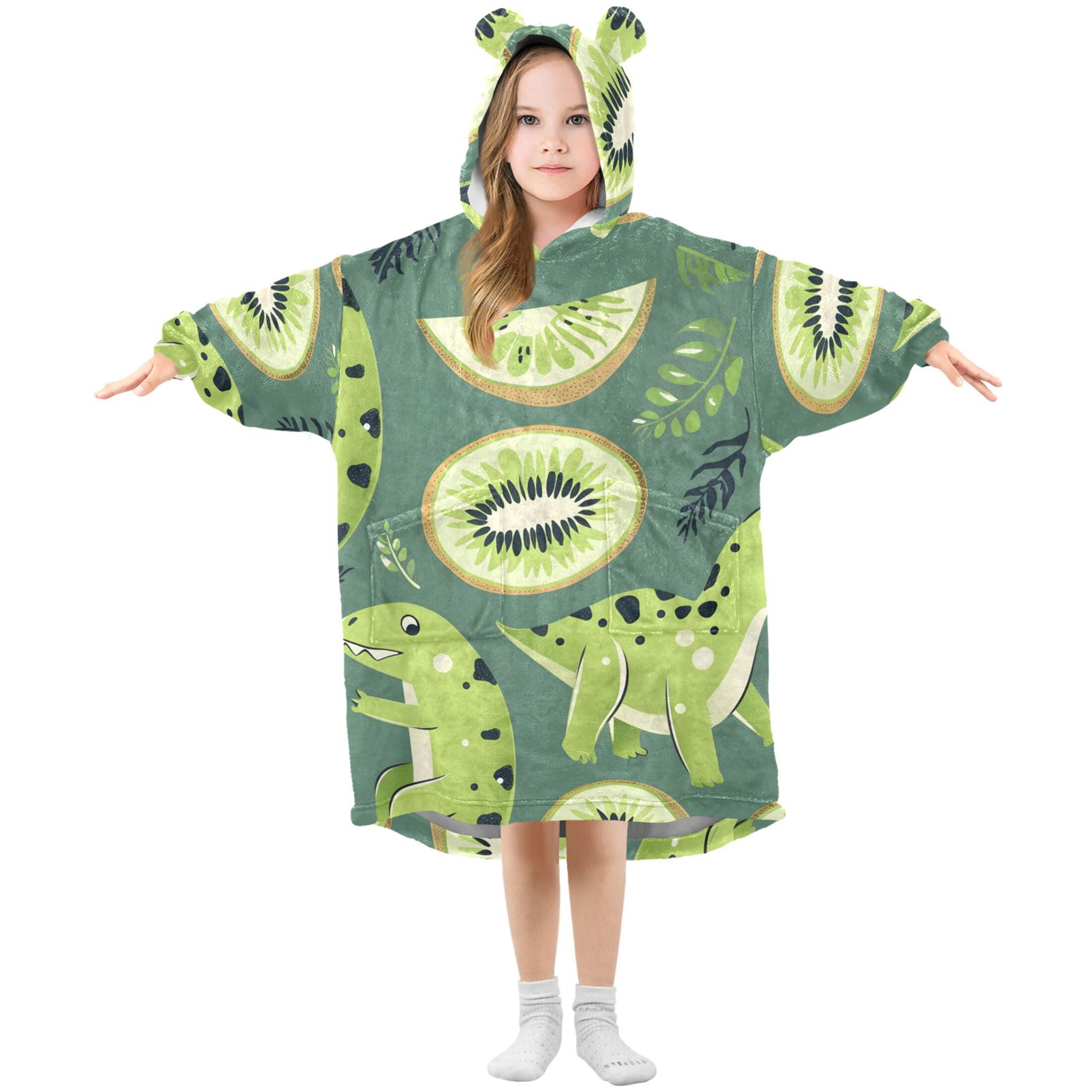 Dinosaurs Kiwi and Palm Leaves Flannel Wearable Blankets Hooded Design ...