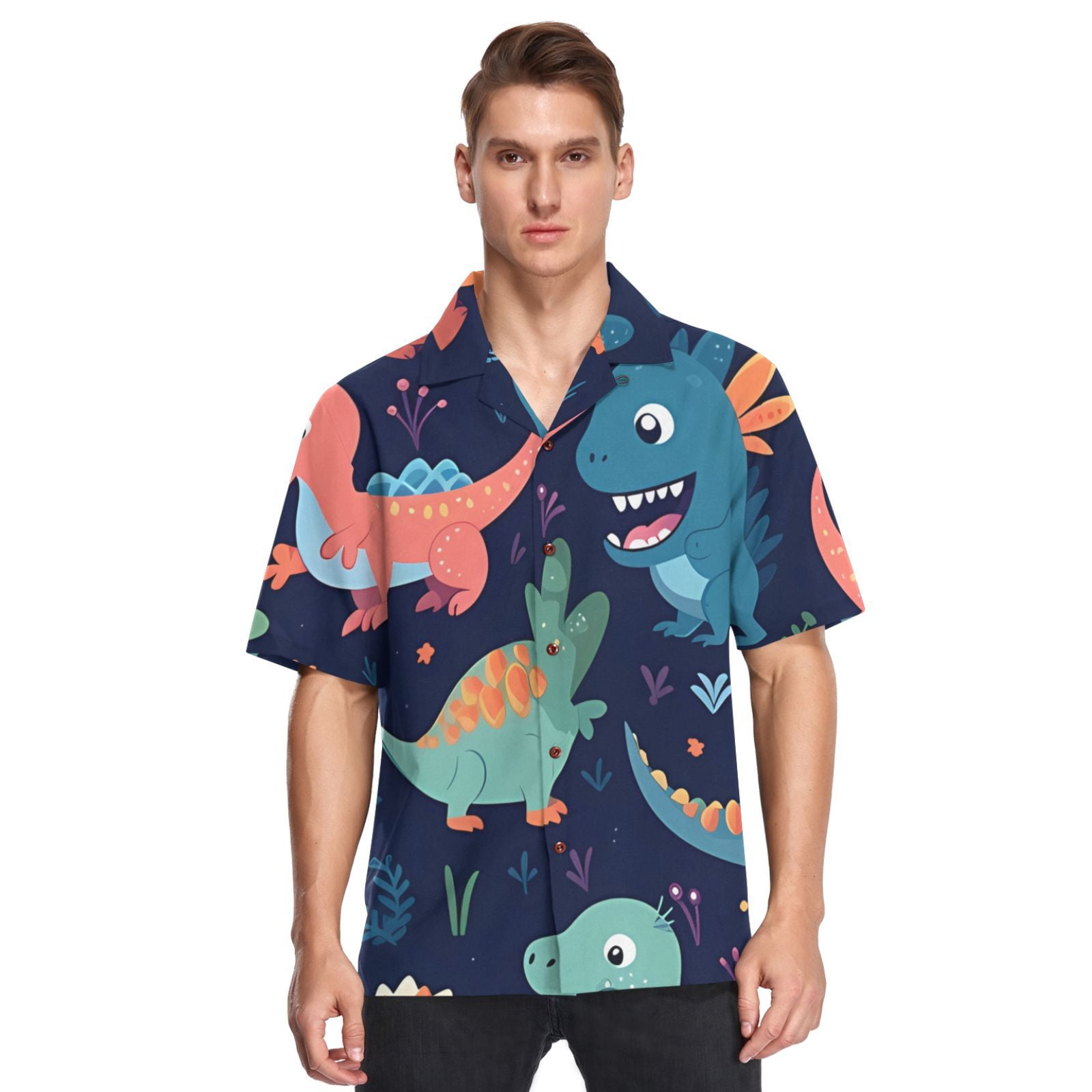 Dinosaurs Leaves Cartoon Men's Hawaiian Wrinkle Free Button Down Short ...