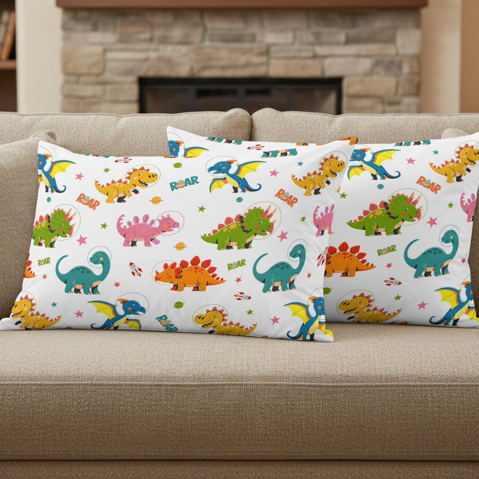 Dinosaurs Pillow Covers Set of 2, Cartoon Green Blue Pink Yellow ...
