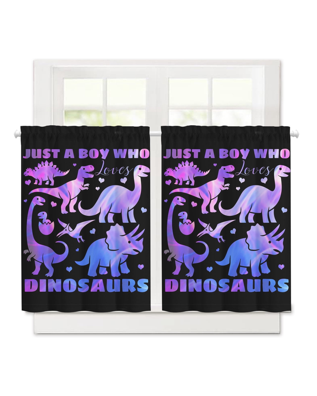 Dinosaurs Purple Dinosaurs on Black Short Blackout Curtains 36 Inch ...