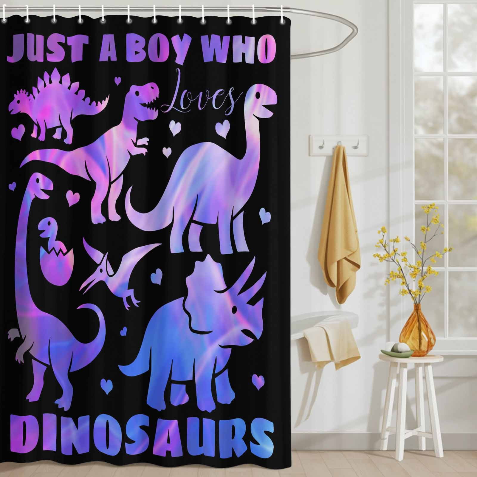 Dinosaurs Purple Dinosaurs on Black Shower Curtain Set, Waterproof ...