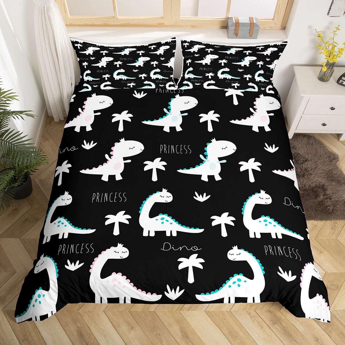 Dinosaurs Queen Bedding Sets ,Cartoon Dinosaur Comforter Cover Kawaii Dino Duvet Cover Jungle ...