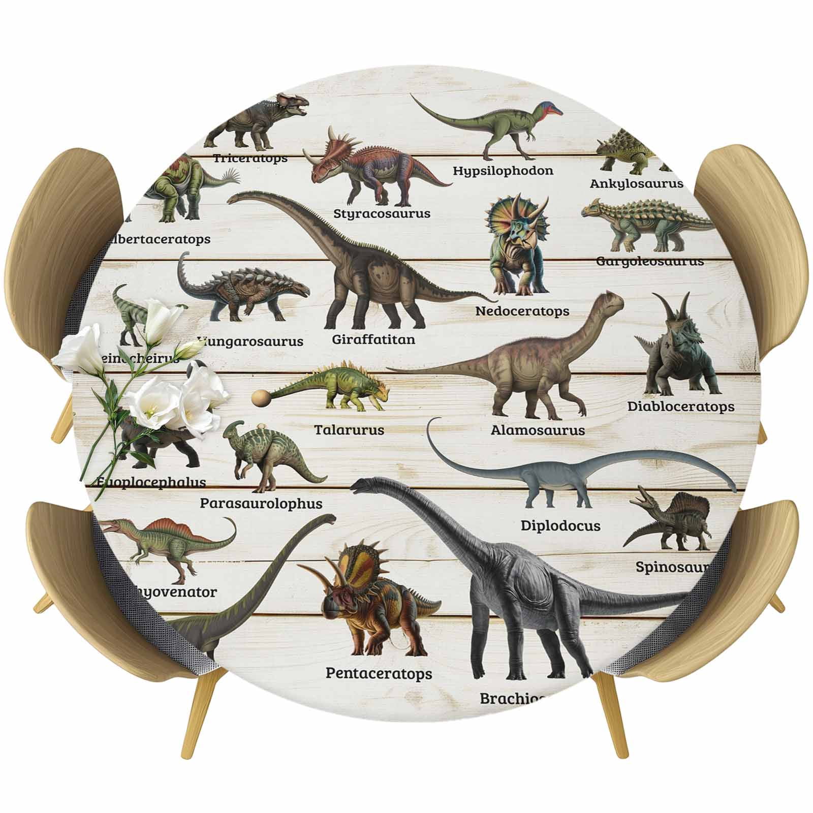 Dinosaurs Round Fitted Tablecloth with Elastic Edge, Vintage Major ...