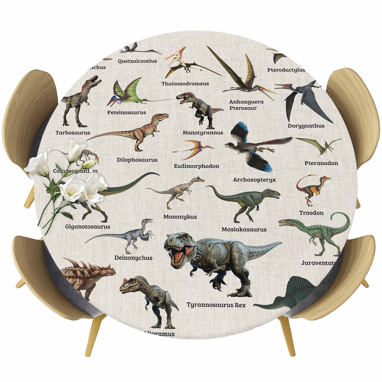 Dinosaurs Round Tablecloth, Fitted Table Cover with Elastic for 45"-54 ...