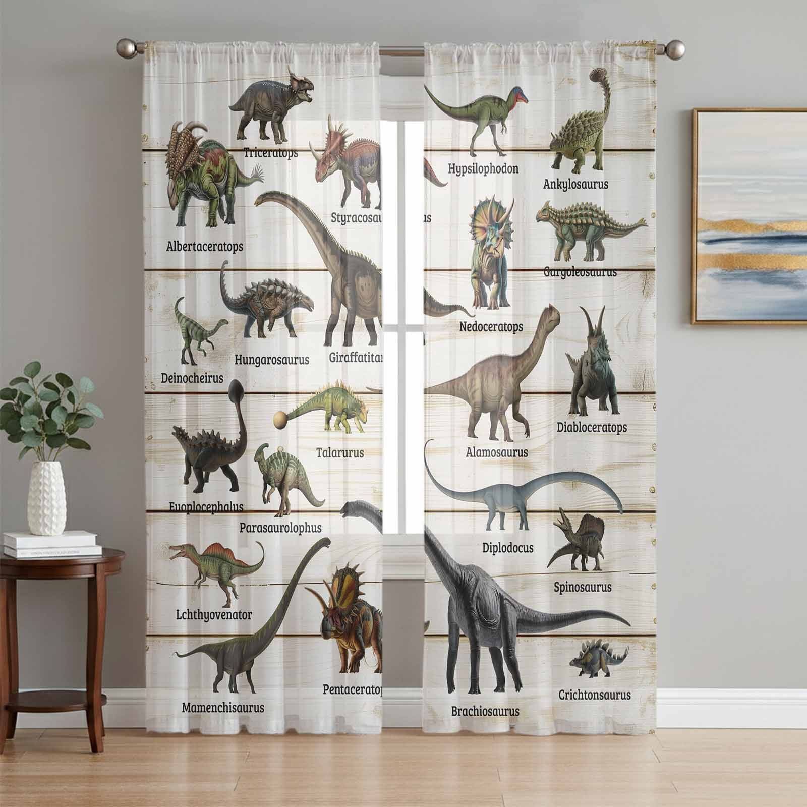 Dinosaurs Sheer Curtains 96 Inch Length 2 Panels Set, Natural Primitive ...