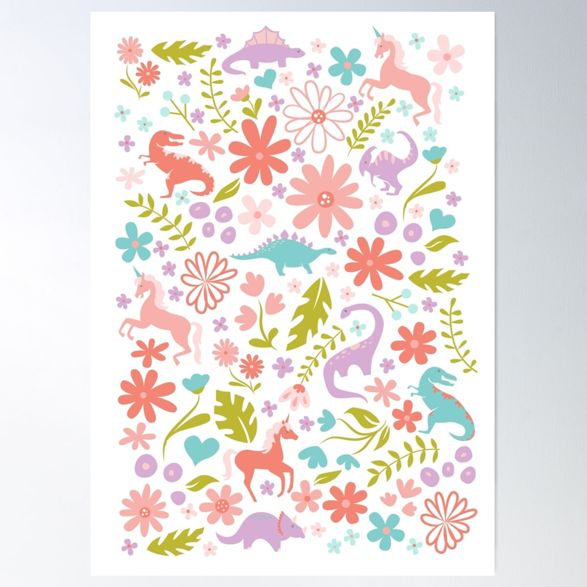 Dinosaurs + Unicorn - Light Poster Wall Art, Modern Wall Decor For ...