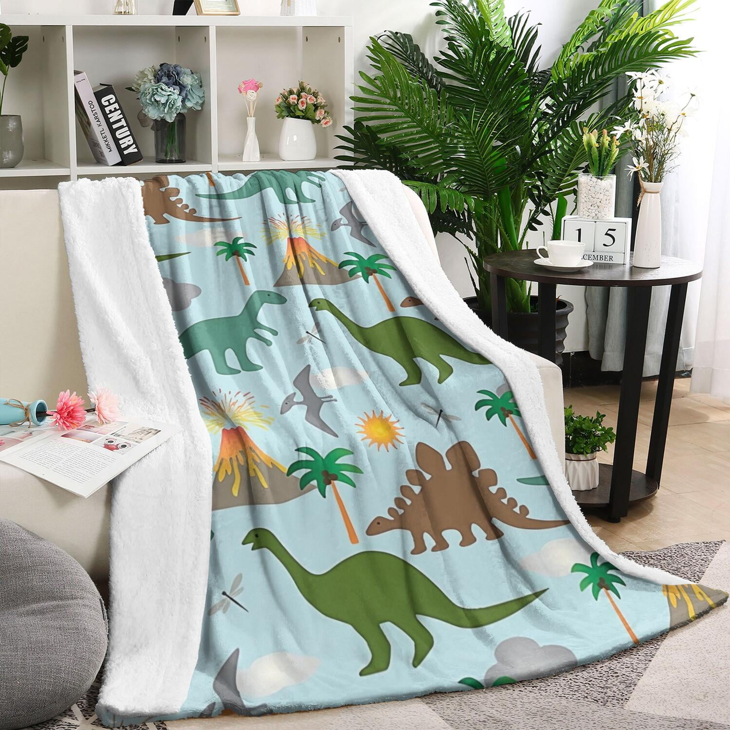 Dinosaurs Volcano Light Blue Pattern Blanket,Comfortable Soft Flannel ...