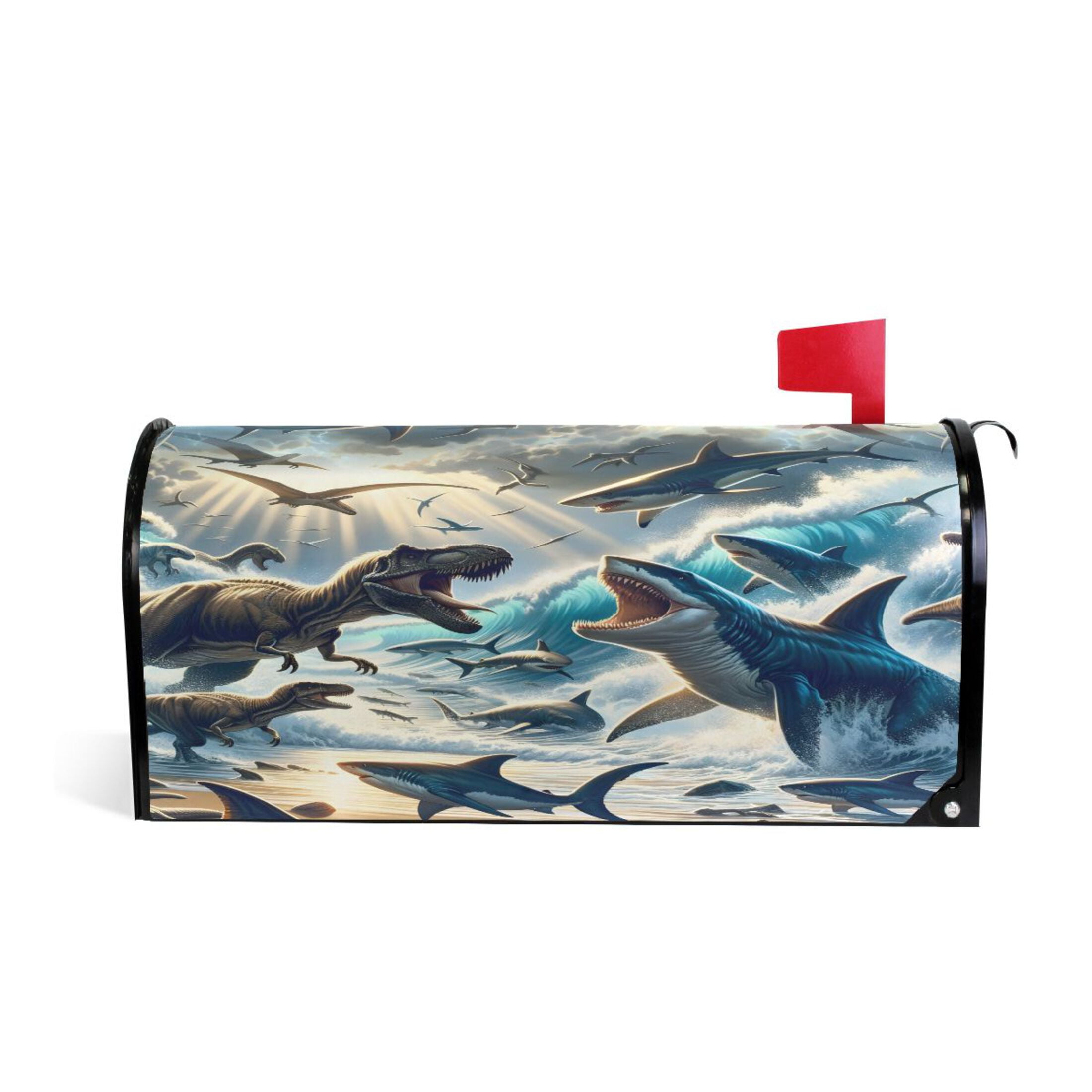 Dinosaurs and Sharks on Beach Magnetic Mailbox Covers Post Box Wraps ...