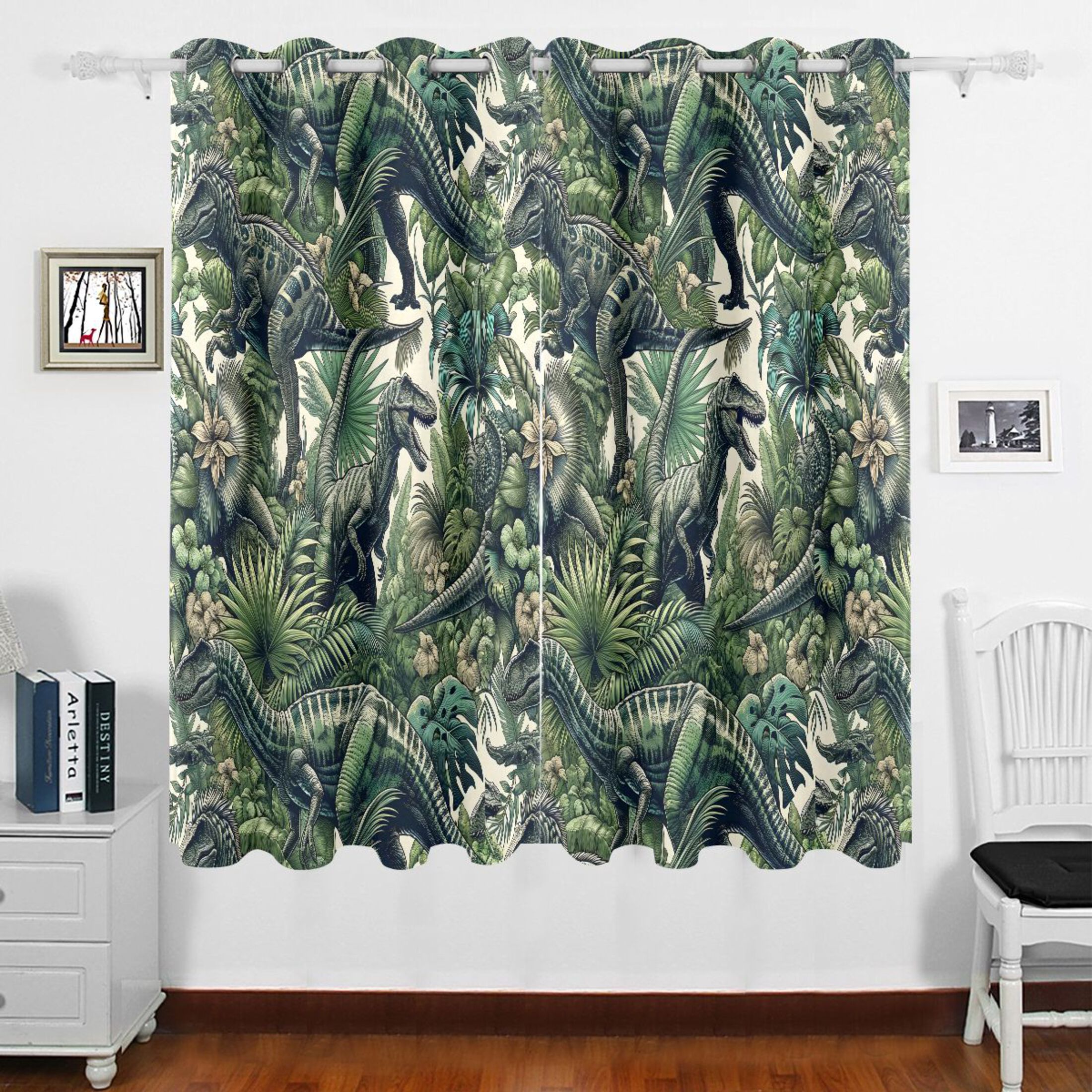 Dinosaurs and Tropical Plant Blackout Curtains 63 inch Length 2 Panels ...