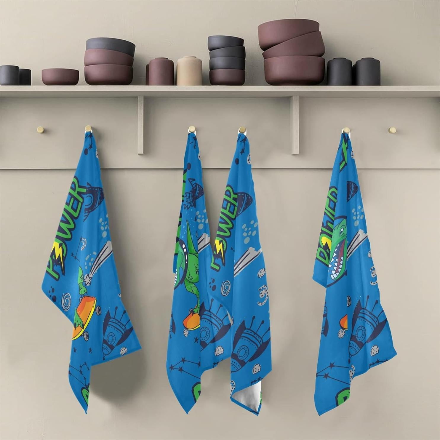 Dinosaurs in Space Dish Towels Set of 6, Cartoon Washable Tea Towels ...